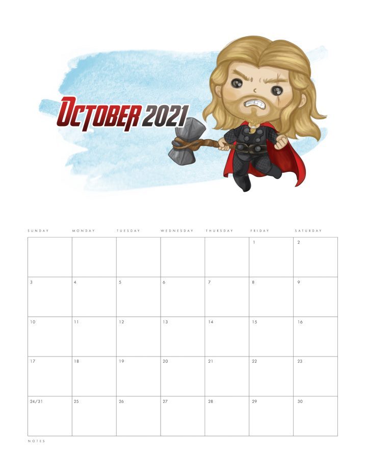 calendario mensal 2021 avengers outubro - OrigamiAmi